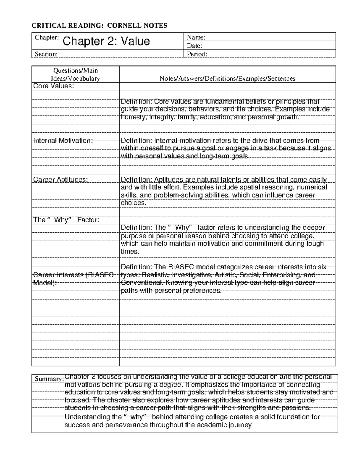 Solved Cornell Notes Template for Critical Reading Assignments - Studocu