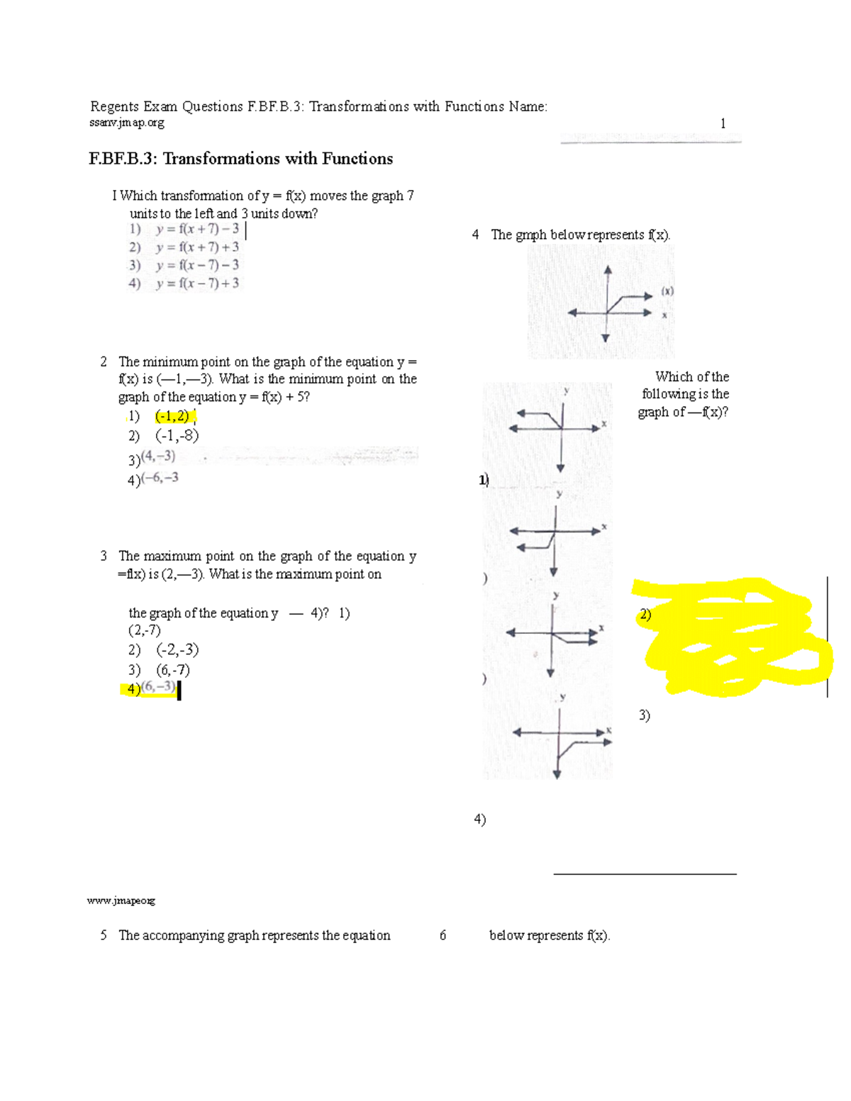 Transformations of Functions - F.BF.B.3 Math Exercises - Studocu