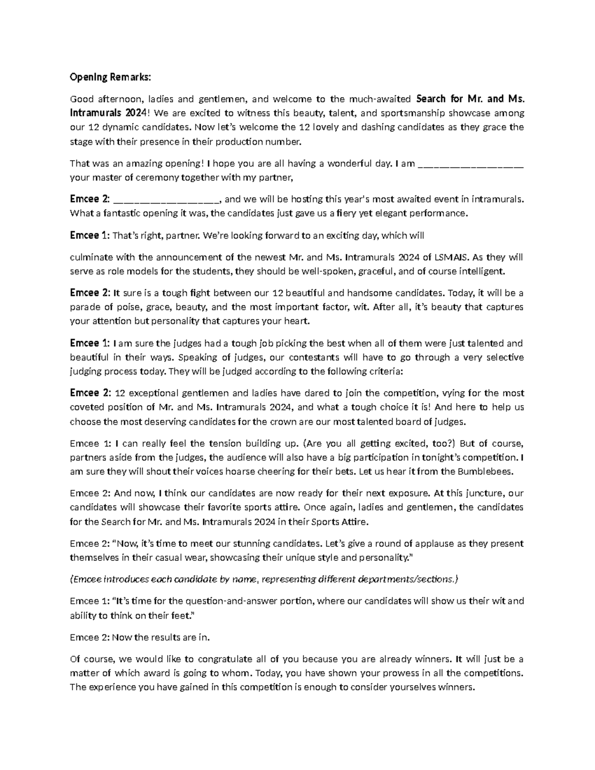 LSMAIS Mr. & Ms. Intramurals 2024 Opening Remarks Script - Studocu