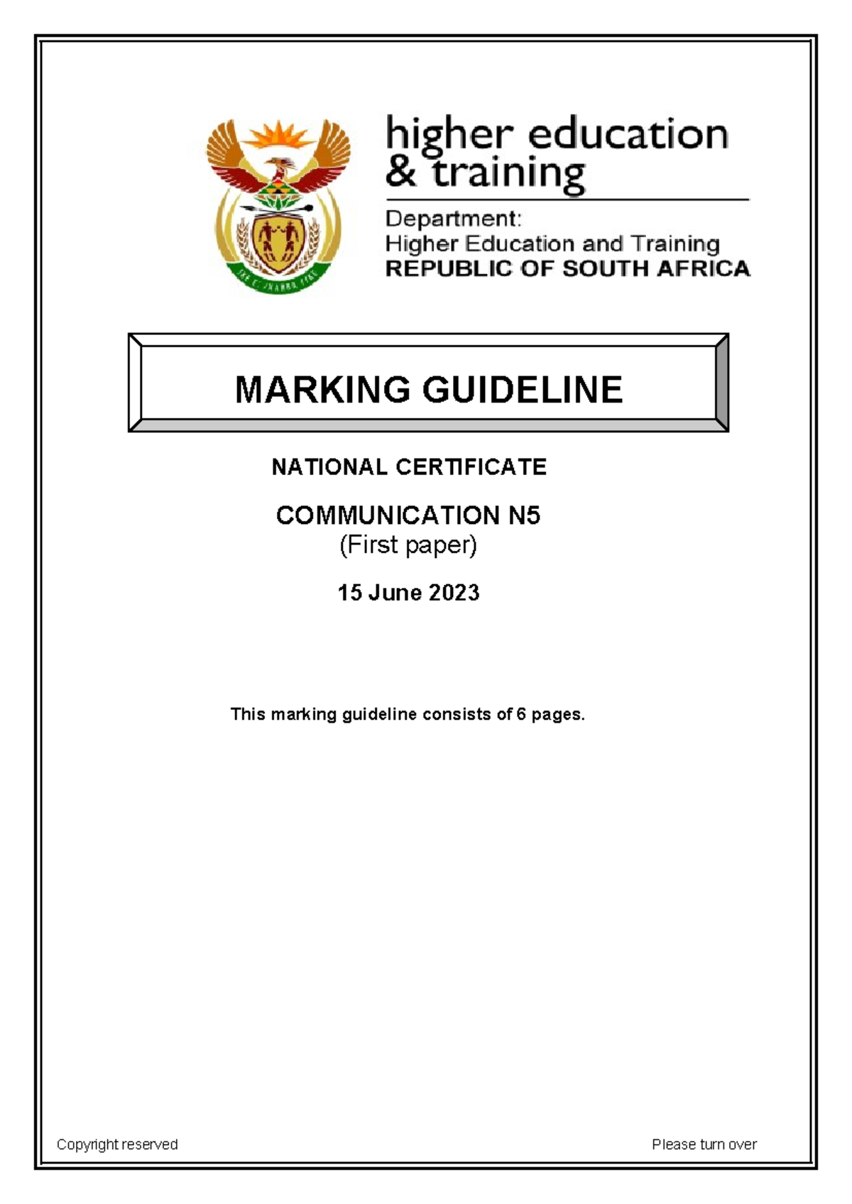 Communication N5 P1 Memo Marking Guideline - June 2023 - Studocu