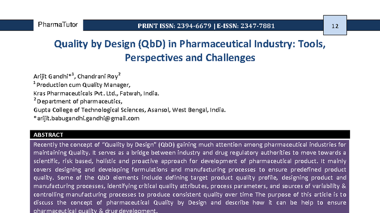 Quality by Design (QbD) in Pharma: Tools, Perspectives & Challenges ...