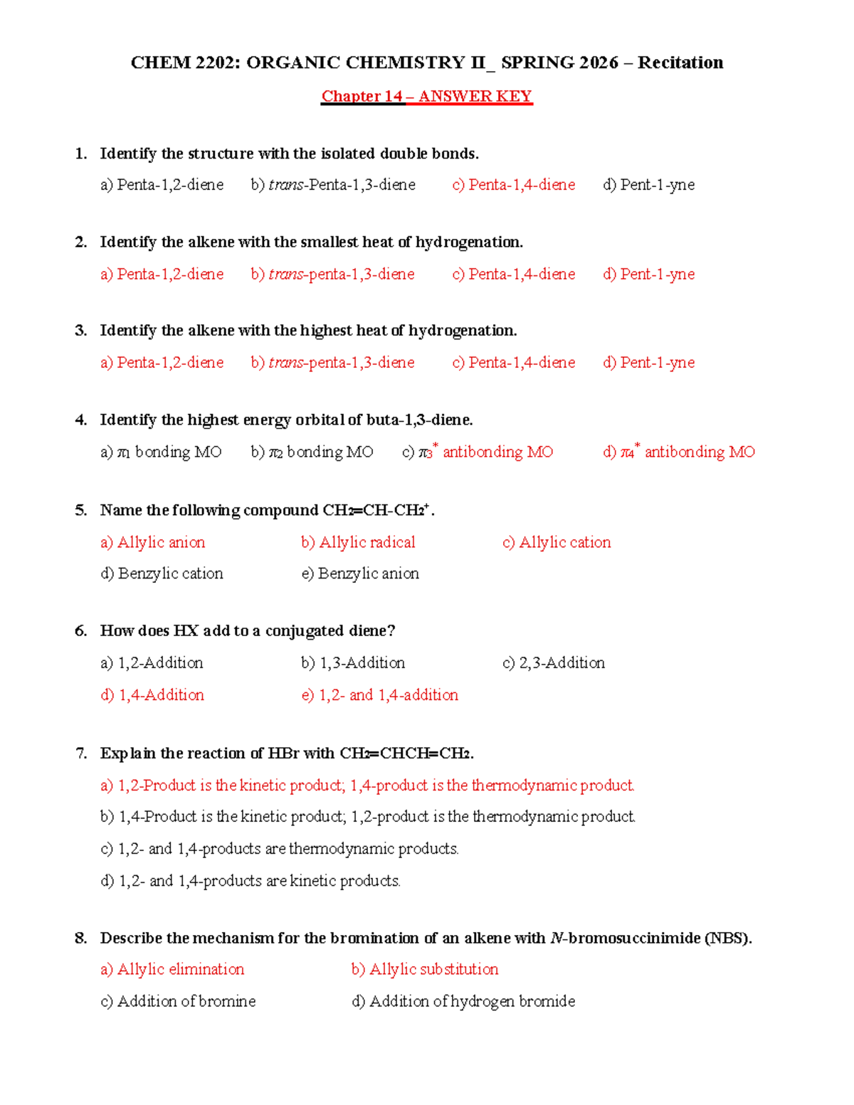 CHEM 2202: Organic Chemistry II - Spring 2026 Recitation Ch 14 Answer ...