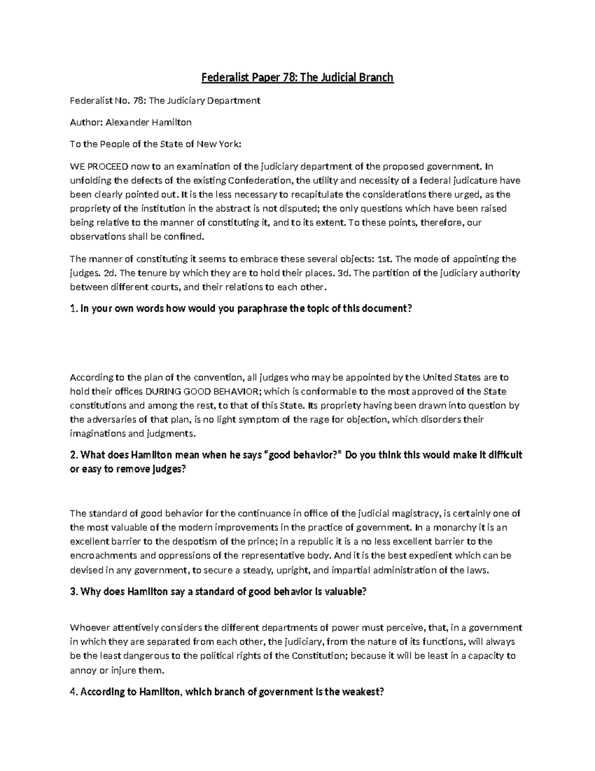 Federalist Paper 78: Analyzing Judicial Independence and Power - Studocu