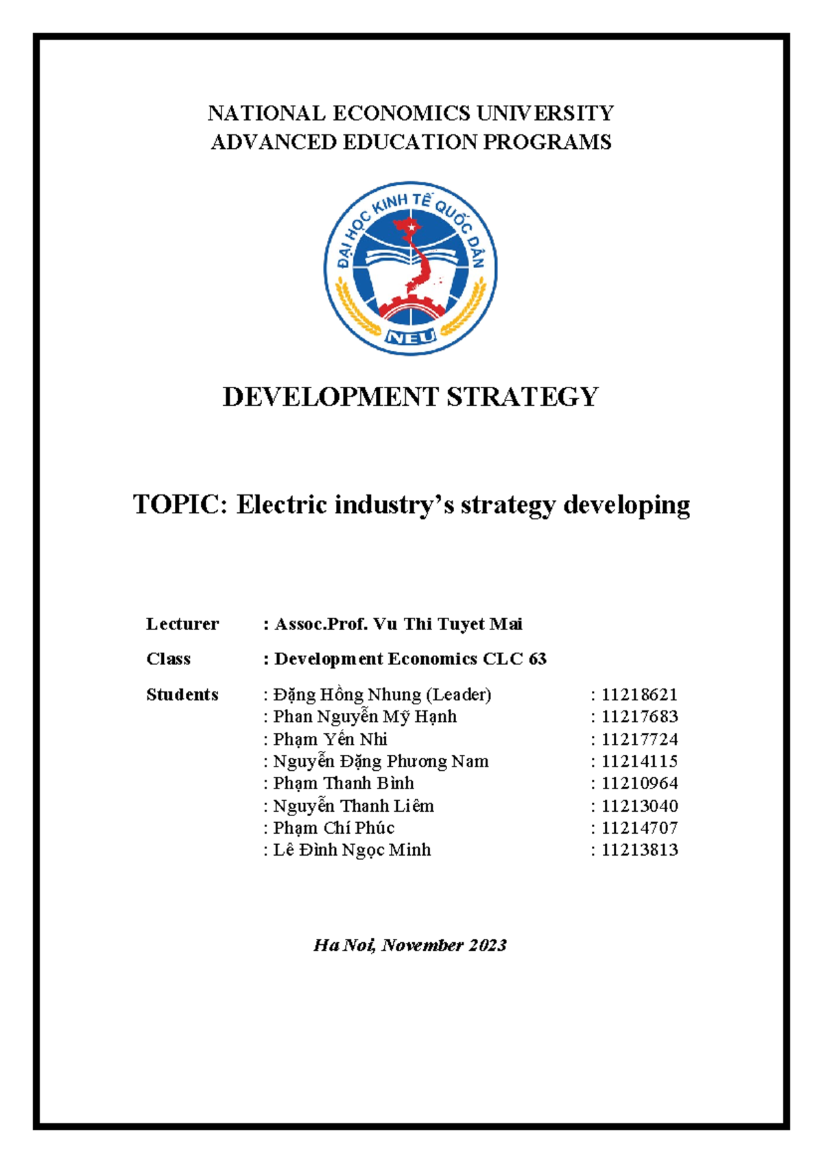 Development Economics CLC 63: Electric Industry Strategy Report - Studocu