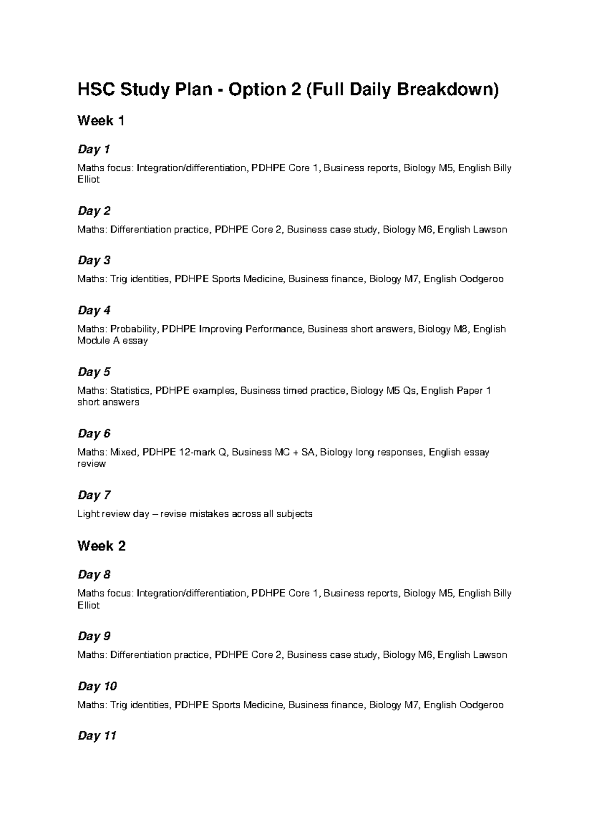 HSC Study Plan Option 2: Daily Breakdown for Weeks 1-7 - Studocu