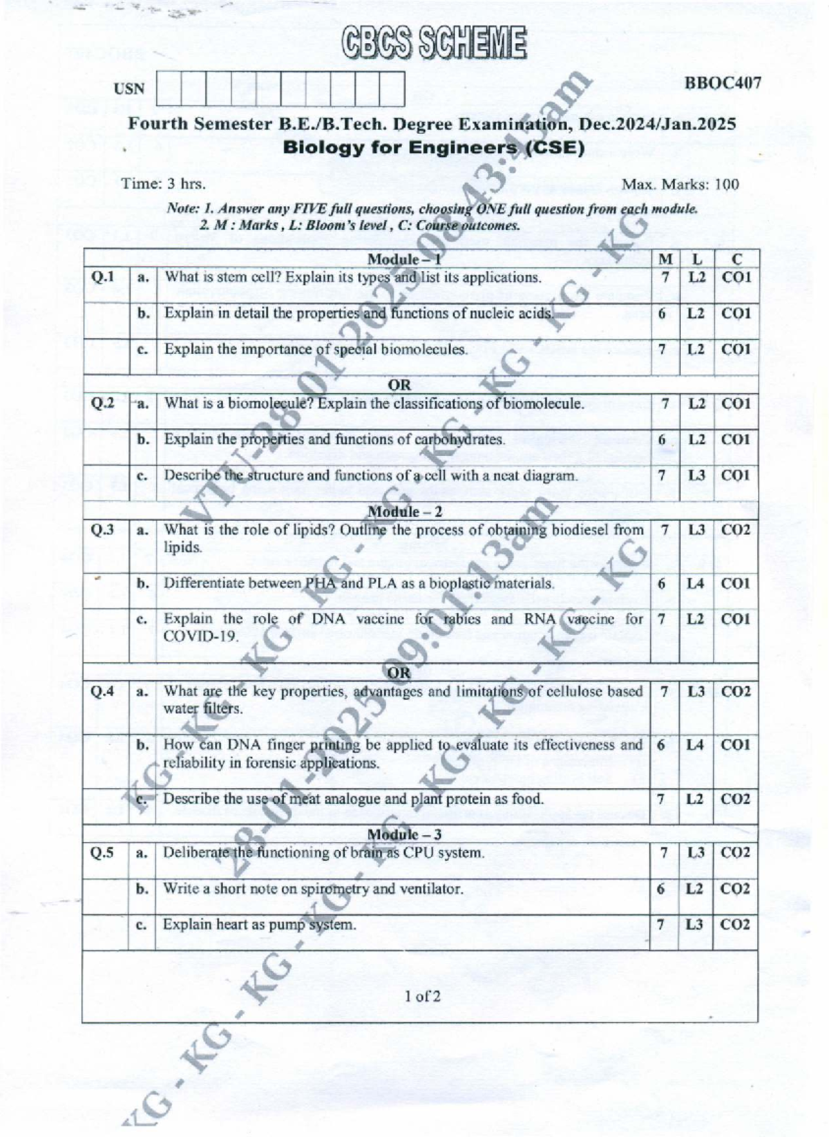 BBOC407 Biology for Engineers Fourth Semester Exam Notes and Questions ...