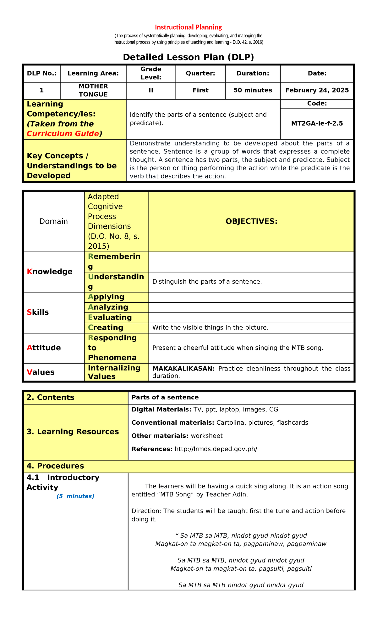 DLP in MTB 3 - Parts of the sentence (Subject and Predicate ...