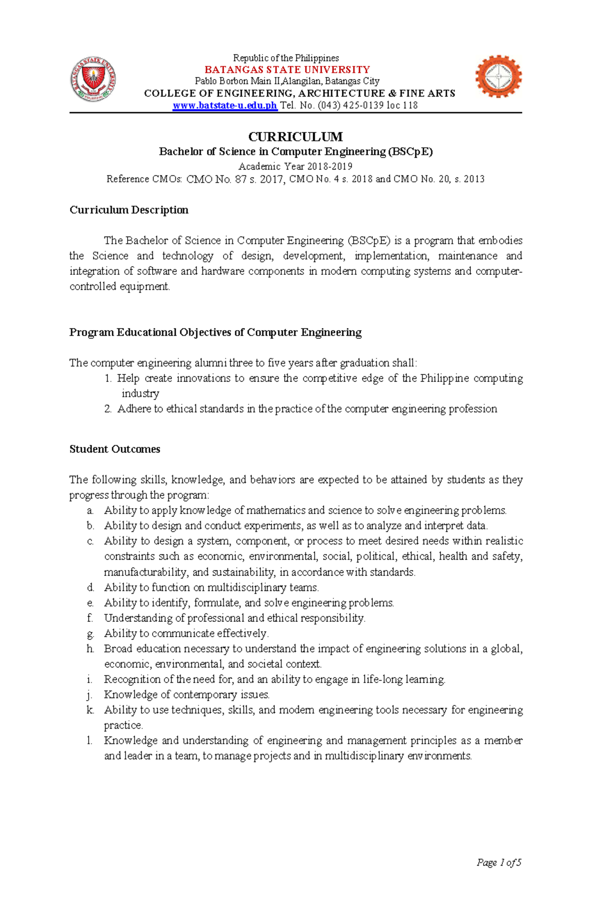 Bachelor of Science in Computer Engineering Curriculum Overview (BSCpE ...