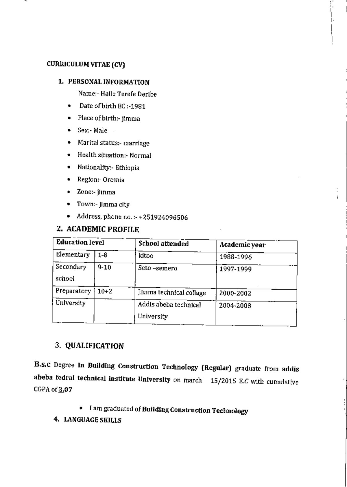 Haile Terefe Deribe's CV - Building Construction Technology Graduate ...