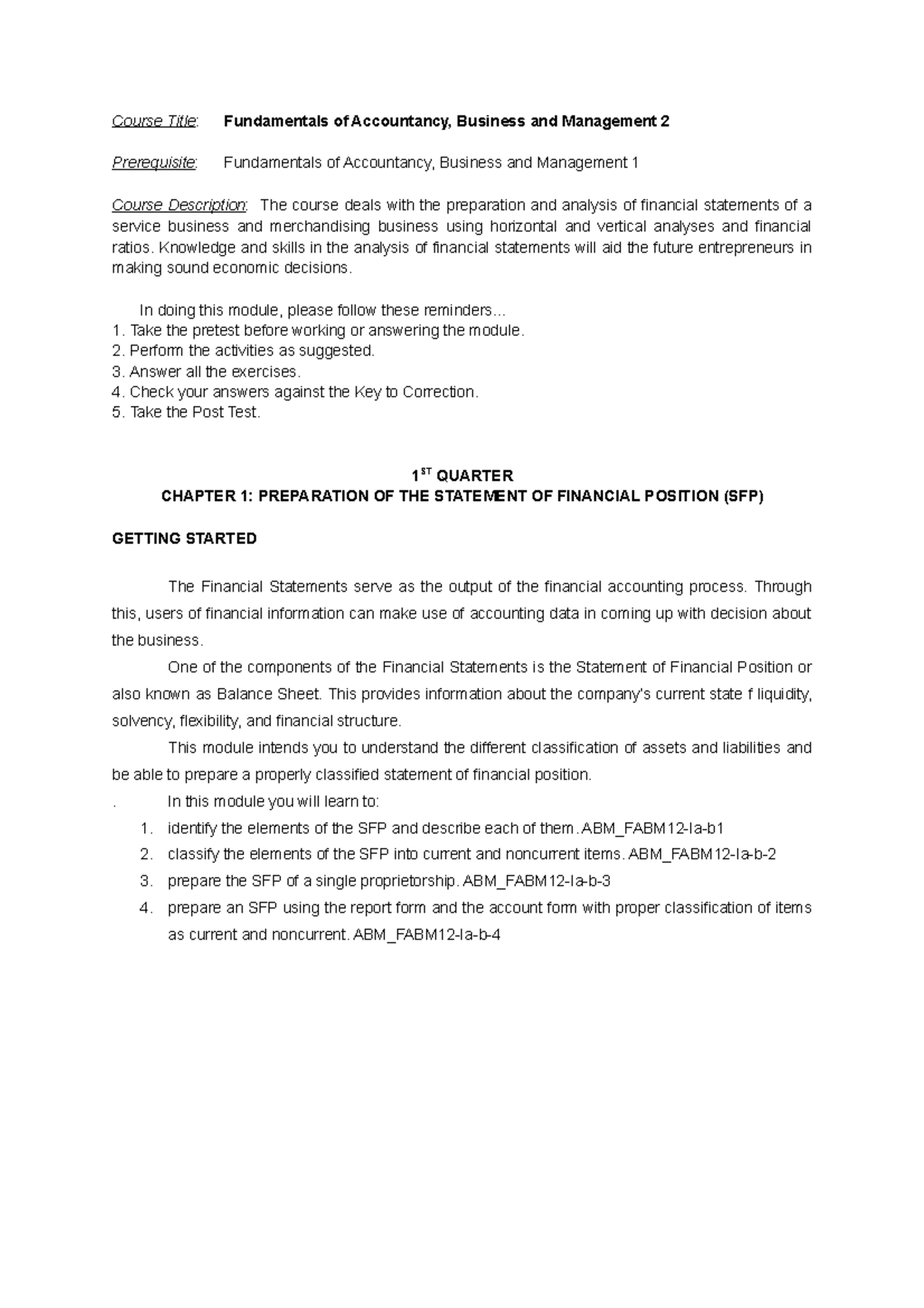 Preparation of the Statement of Financial Position (SFP) - ABM_FABM12 ...