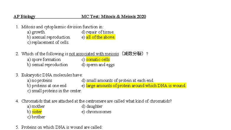 AP Biology MC Test: Mitosis & Meiosis Answers 2020 - Studocu