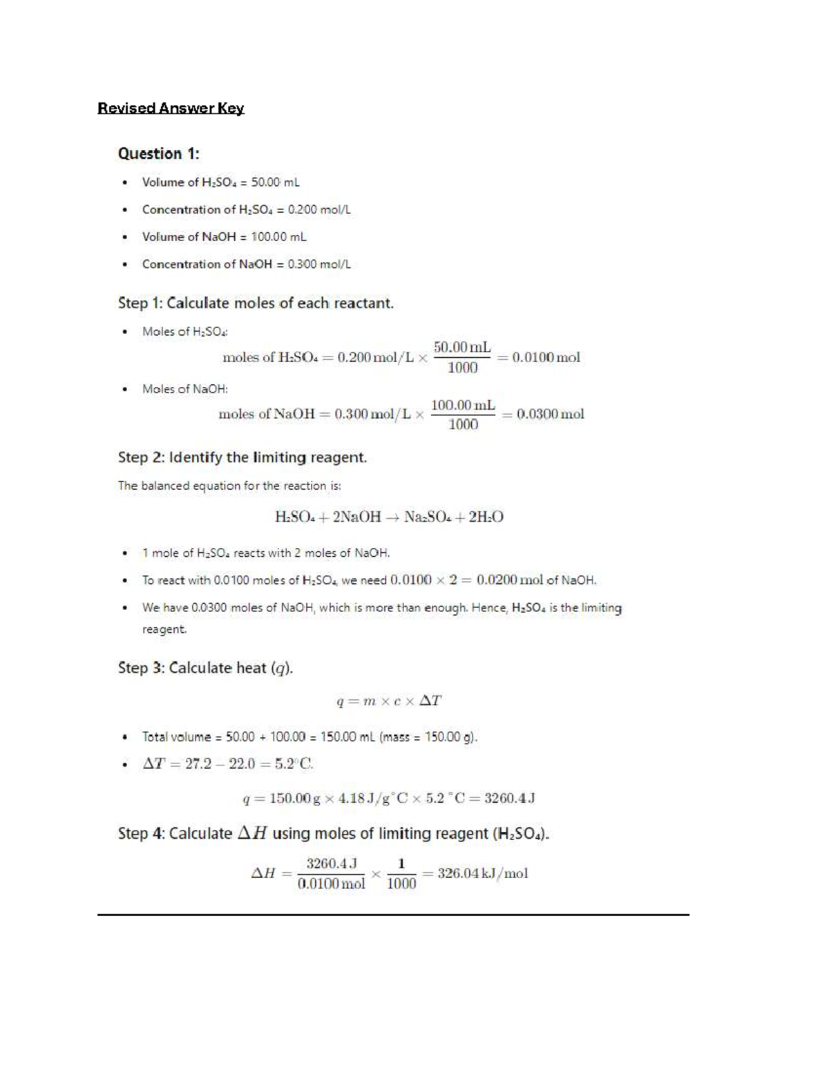 Revised Answer Key for Neutralization & Calorimetry Questions (Chem 101 ...