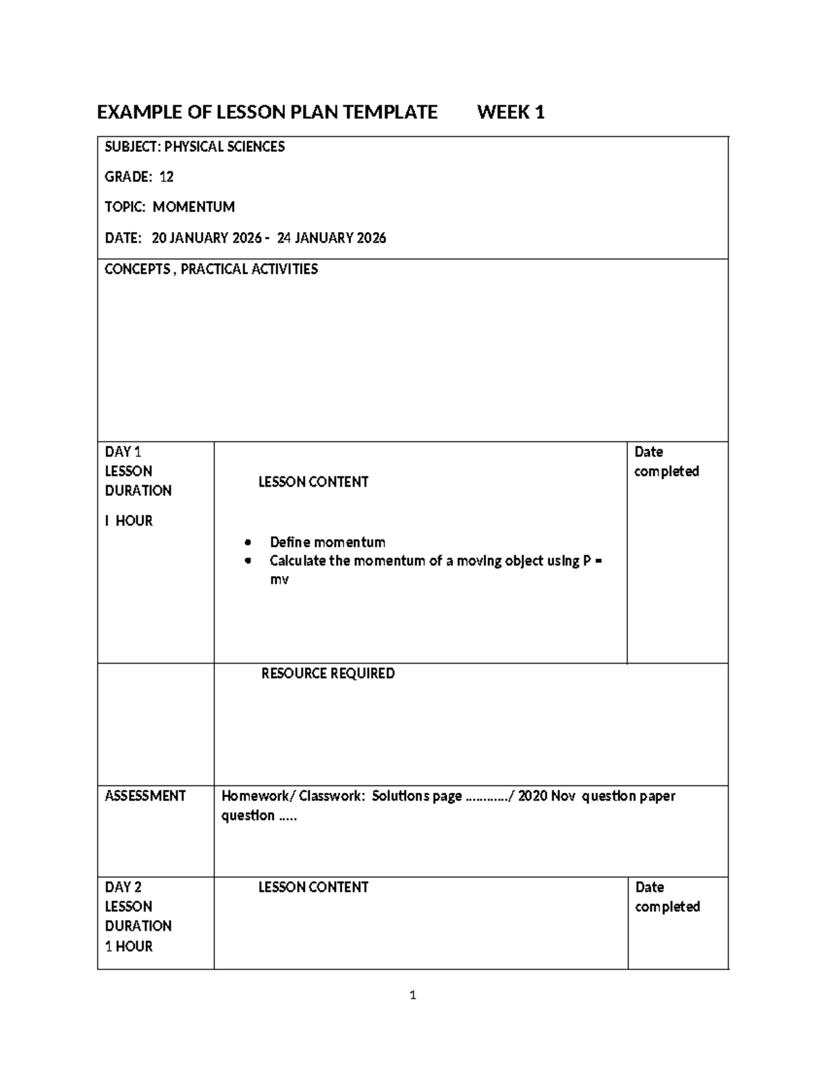 PHSC 12 Lesson Plan Template: Week 1 on Momentum - Studocu