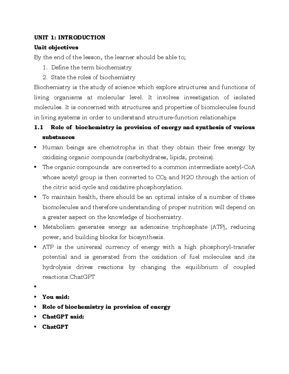 BIOC 001 KMTC - Introduction to Biochemistry and Energy Metabolism ...