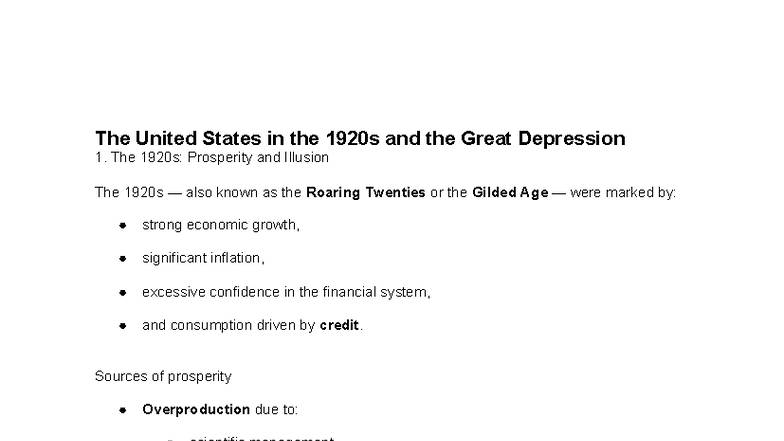 The U.S. in the 1920s & Great Depression: Causes & Consequences - Studocu