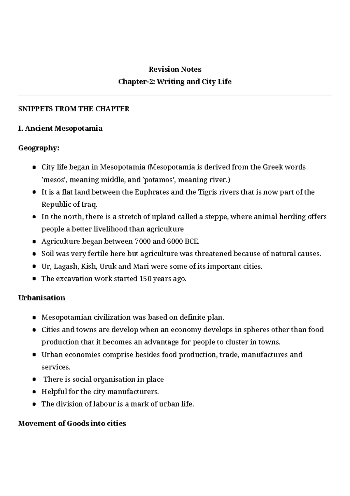 Revision Notes: Ancient Mesopotamia Geography & Writing (NCERT) - Studocu