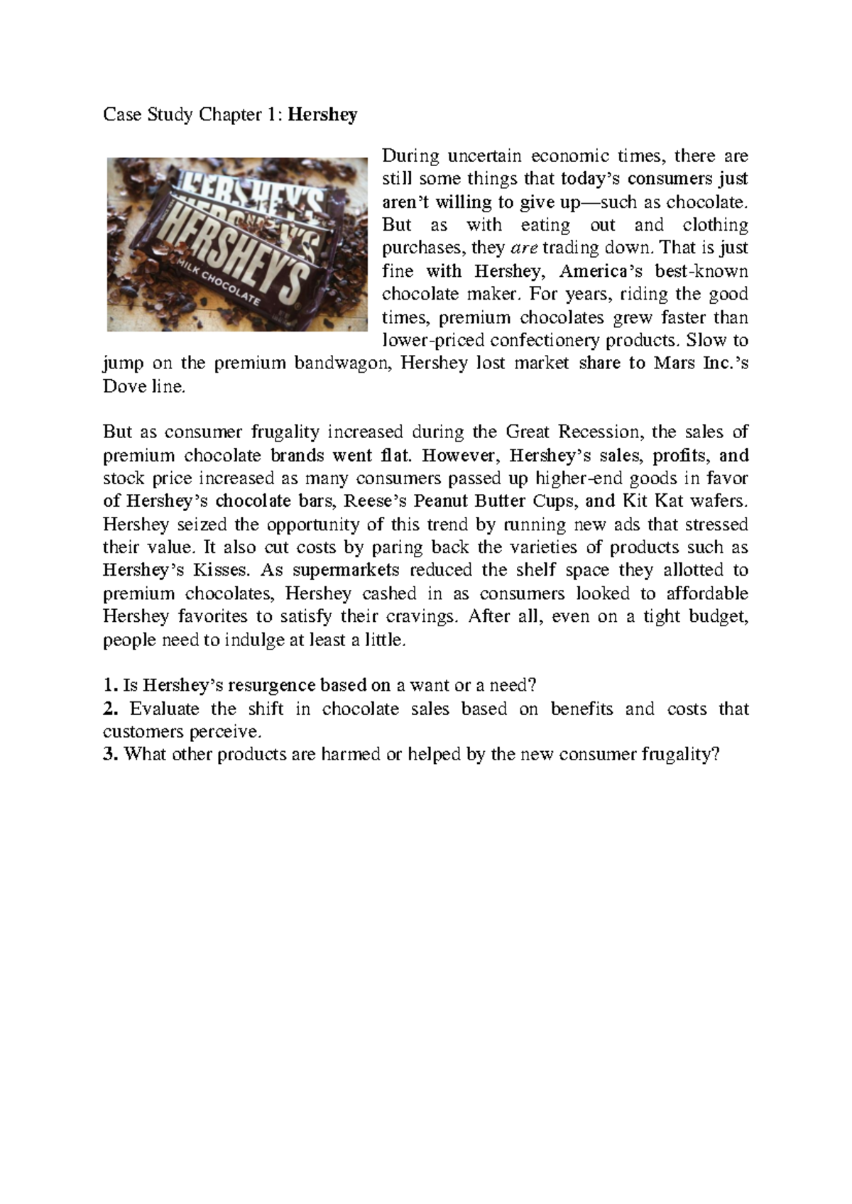 Case Study Chapter 1 - abc - Case Study Chapter 1: Hershey During ...