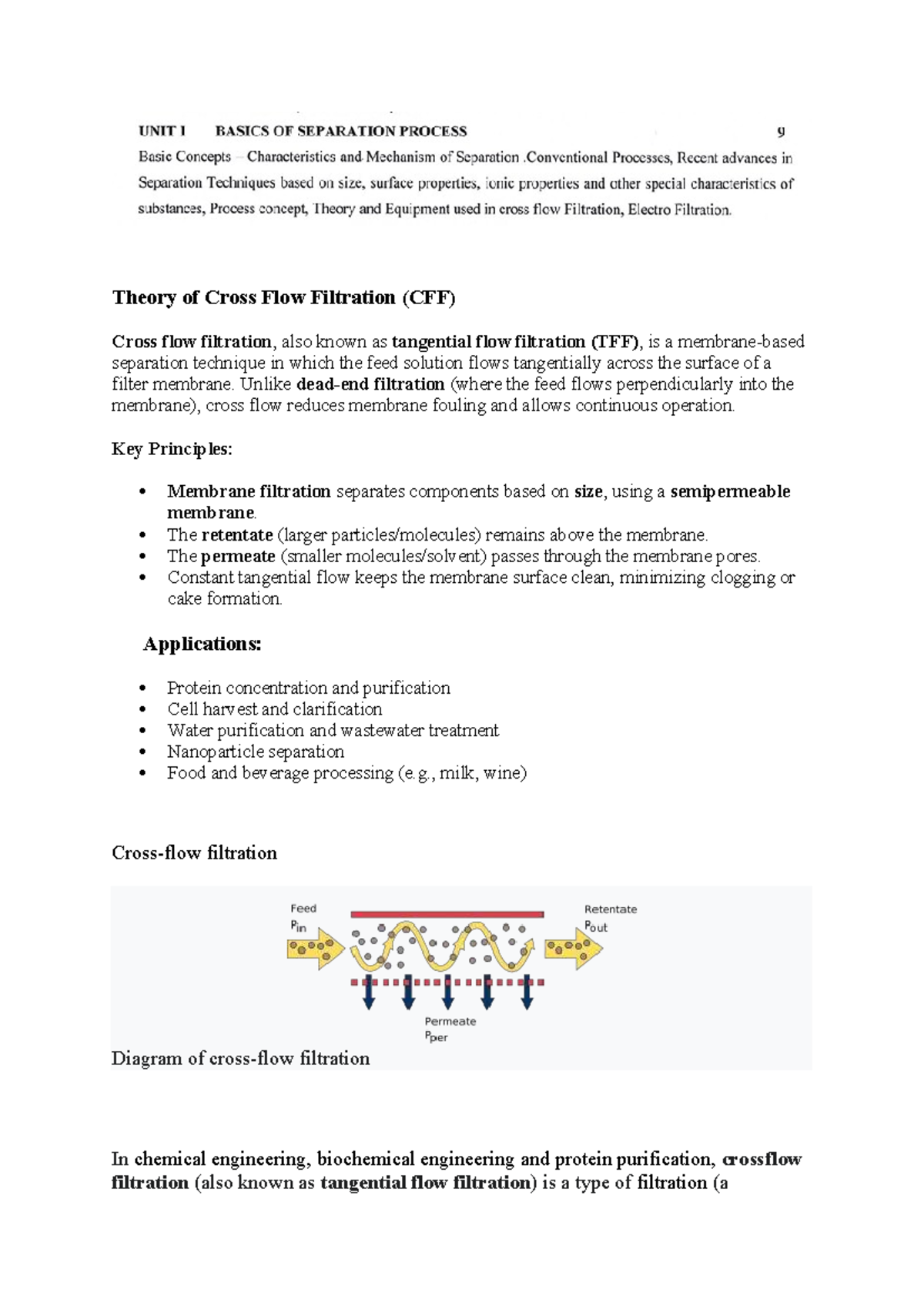 CFF Theory: Cross Flow Filtration Principles & Applications - Studocu