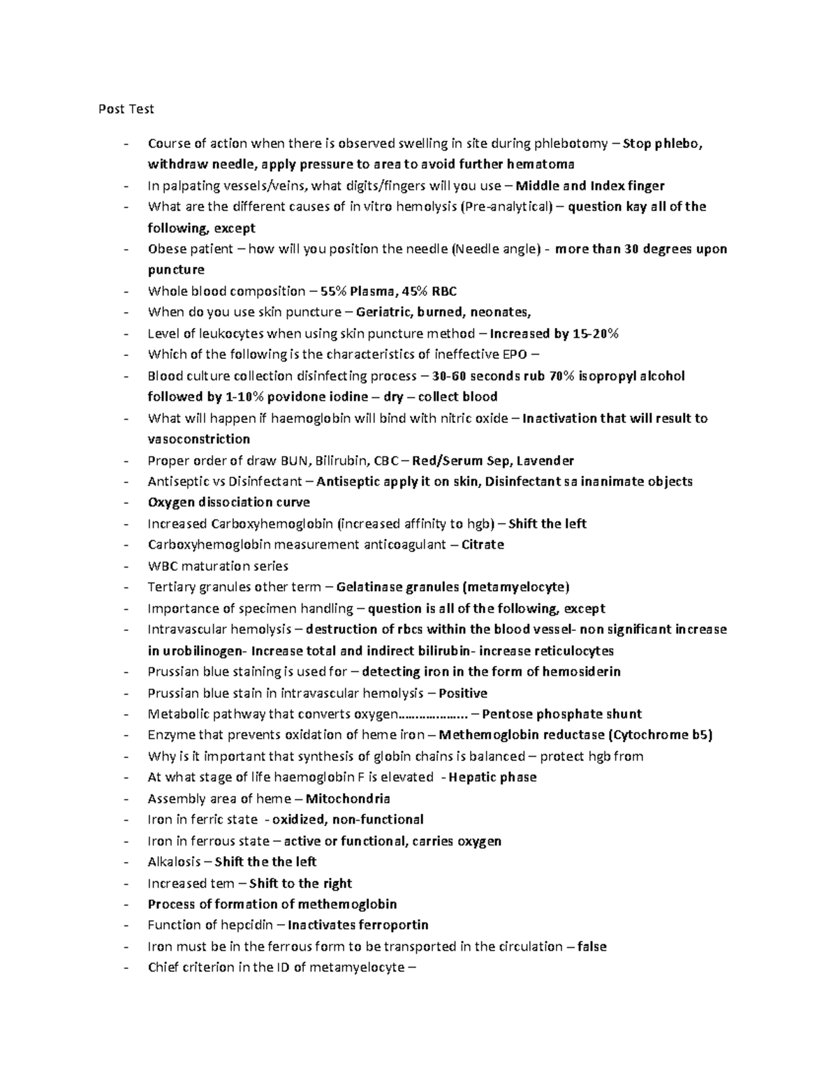 Post-Test HEMA - Phlebotomy Techniques & Hematology Principles - Studocu