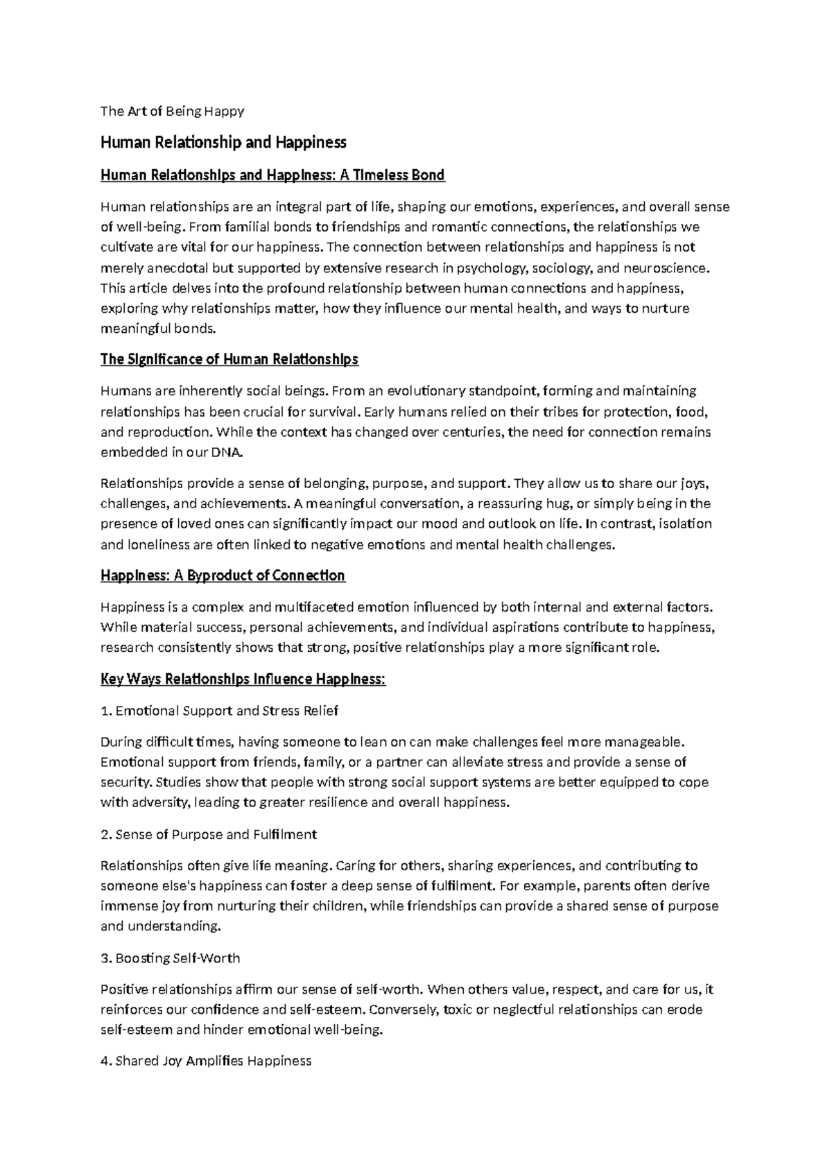 Human Relationships & Happiness: Exploring Their Timeless Bond - Studocu