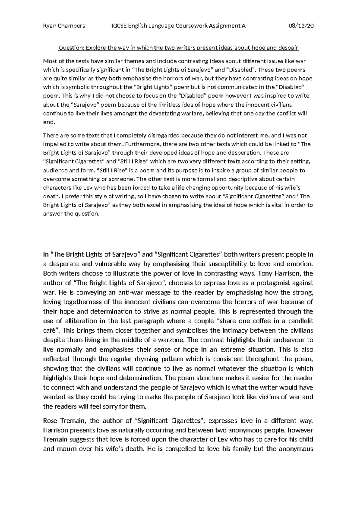 Y11 English IGCSE Coursework Essay on Hope and Despair Themes - Studocu