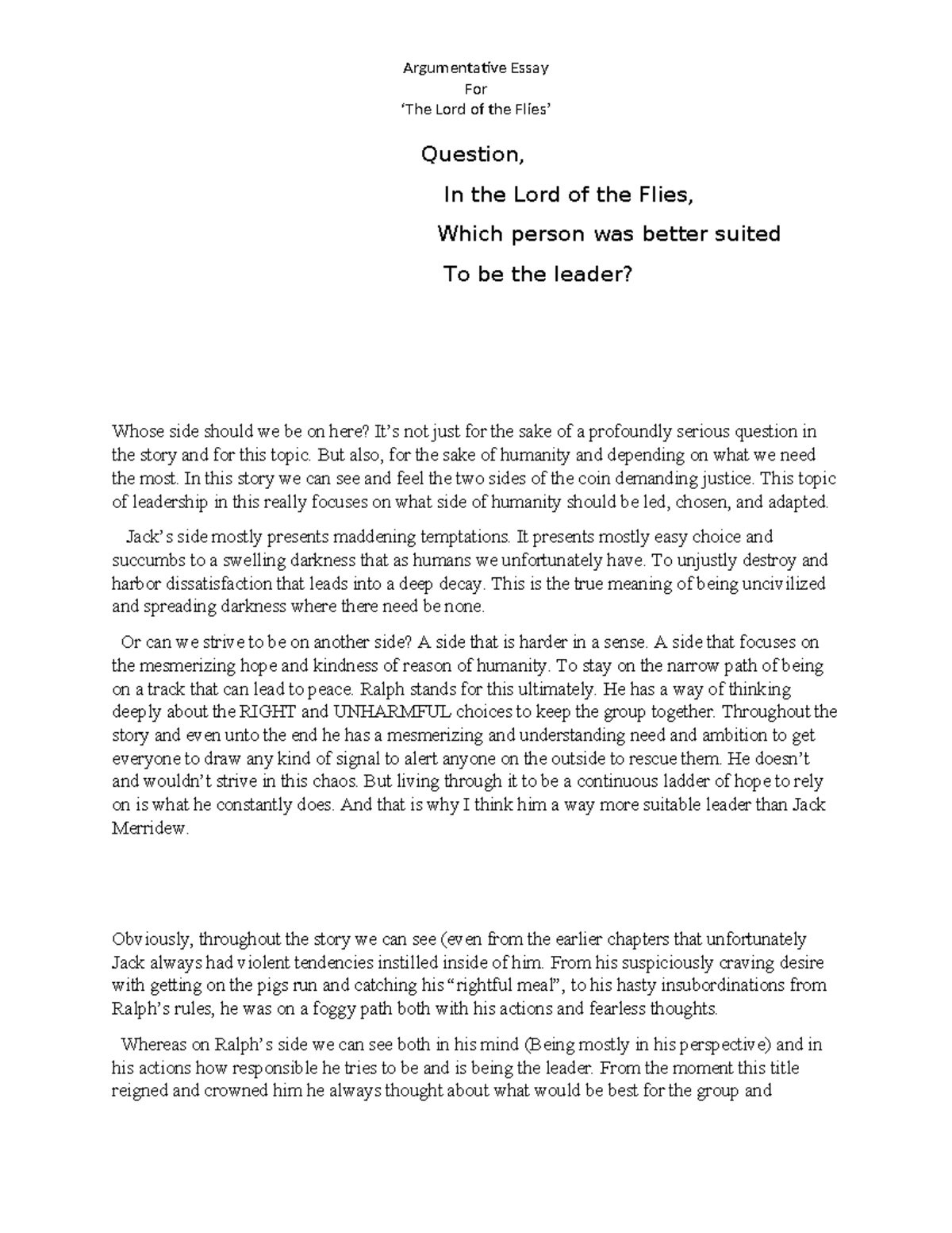 Argumentative Essay: Leadership in Lord of the Flies (WLH 101) - Studocu