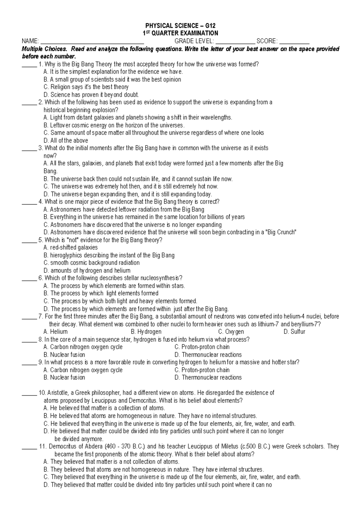 Physical Science Examination Practice - PHYSICAL SCIENCE – G 1 ST ...