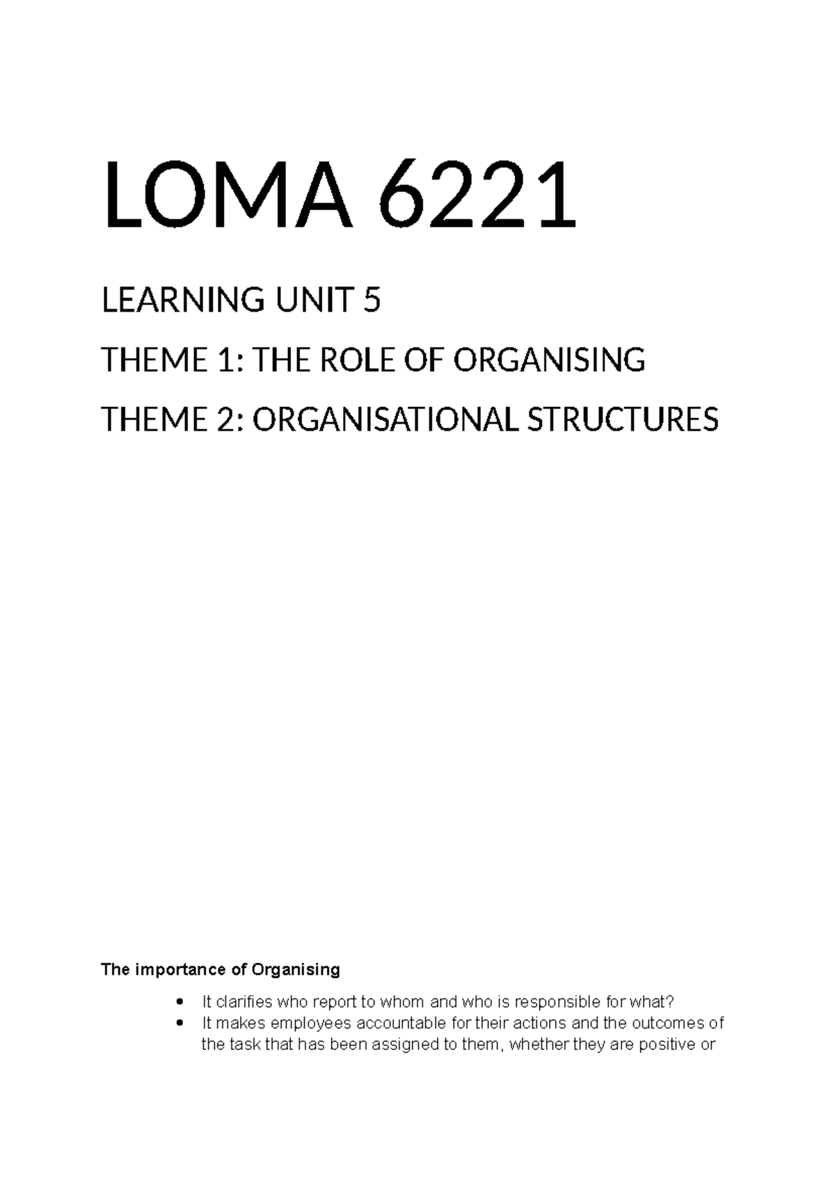 LOMA 6221 Learning Unit 5: Organising & Organisational Structures - Studocu
