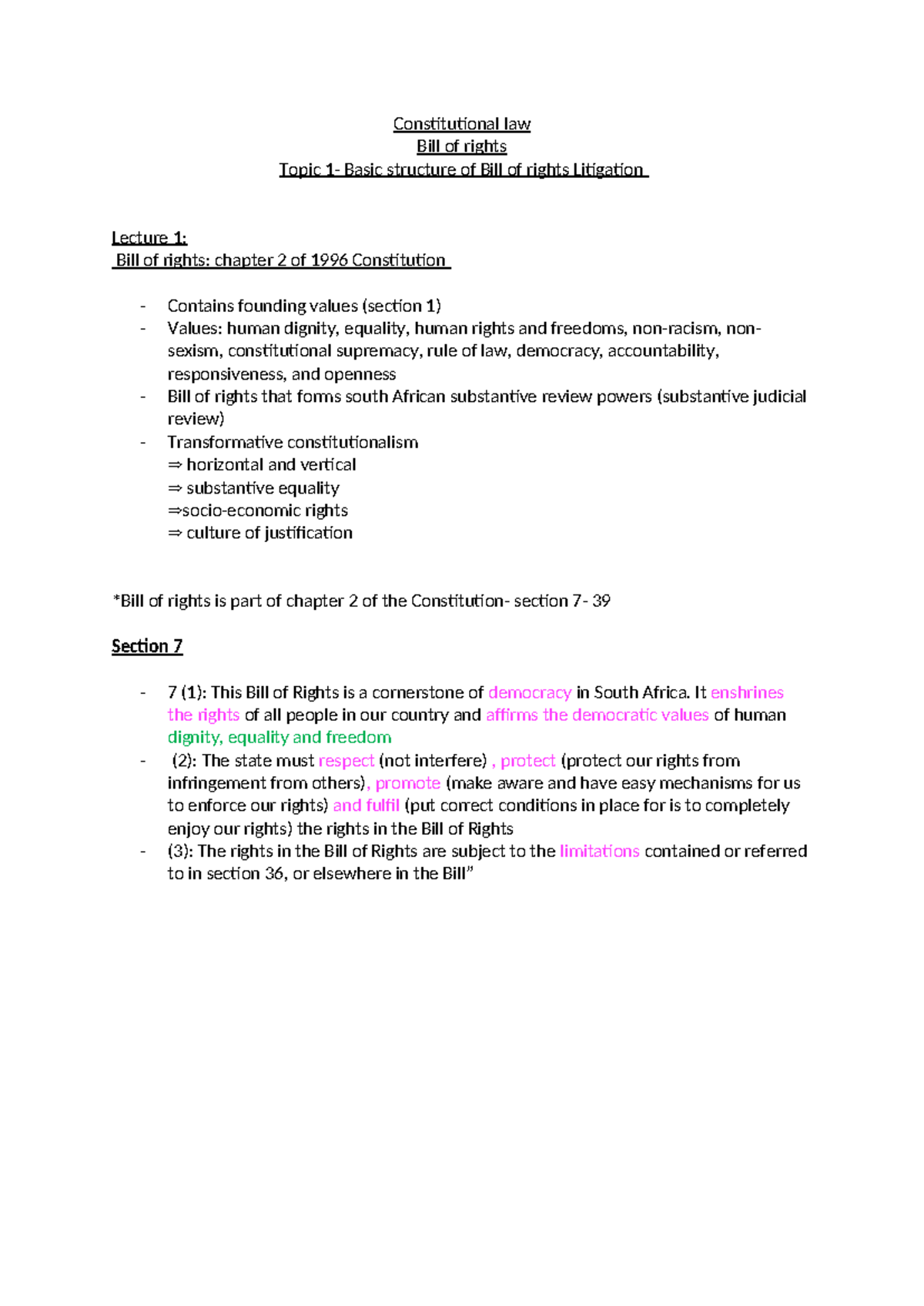 Constitutional Law (LAW101) - Lecture 1: Understanding the Bill of Rights - Studocu