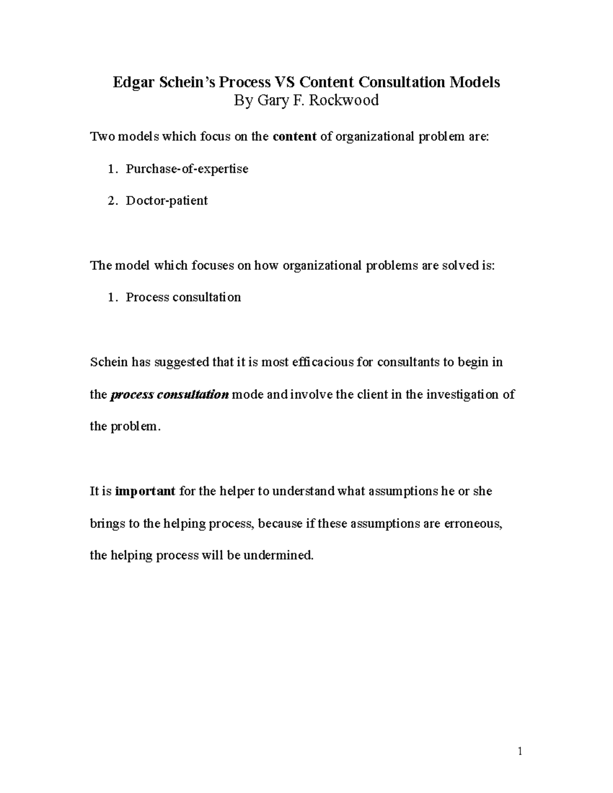 Schein's Process vs. Content Consultation Models (Study Notes) - Studocu