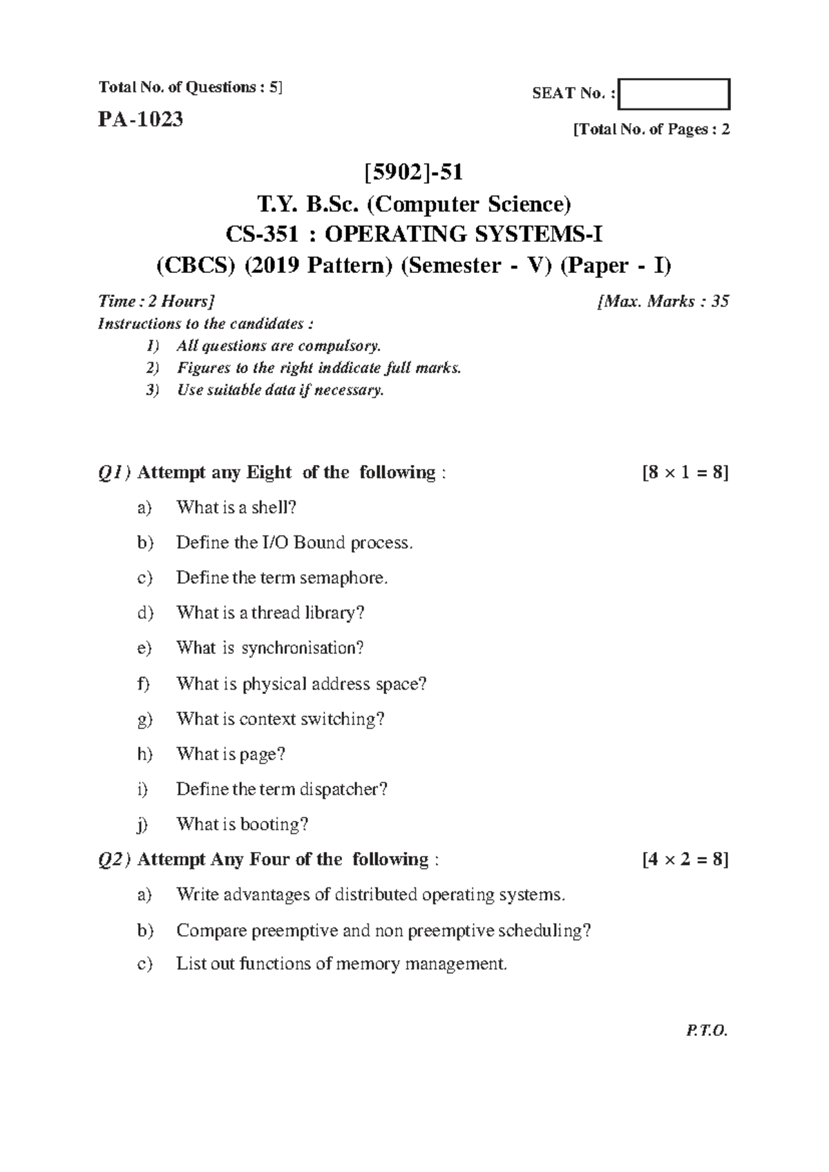 T.Y. B.Sc. (Computer Science) PYQ - Operating Systems & Web Technologies (2019 - Studocu
