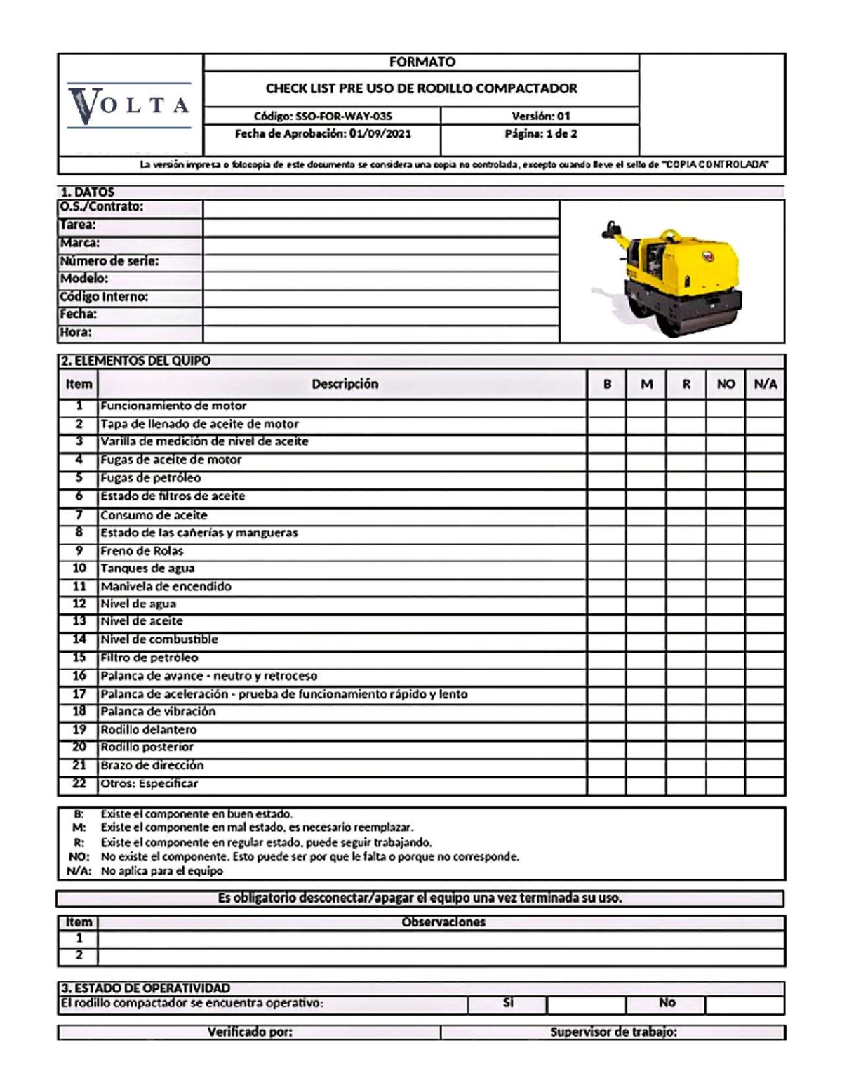Check List Pre Uso Rodillo Compactador - Código: Versión 01 - Studocu