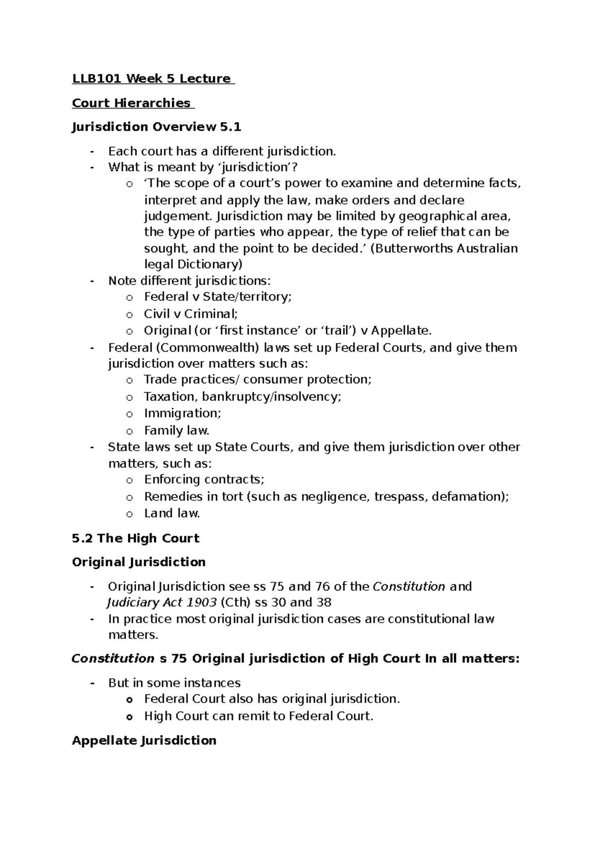 LLB101 Week 5 Lecture Notes: Court Hierarchies & Jurisdictions Overview ...