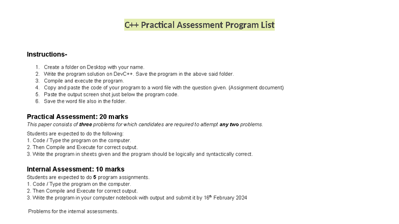 C++ Assignment Instructions: Practical Assessment Program List - Studocu