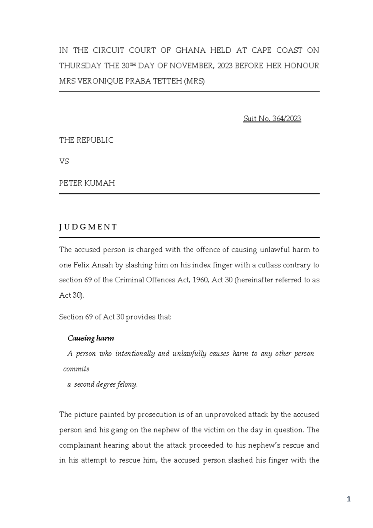 Republic vs. Kumah: Judgment on Negligently Causing Harm (Suit No ...