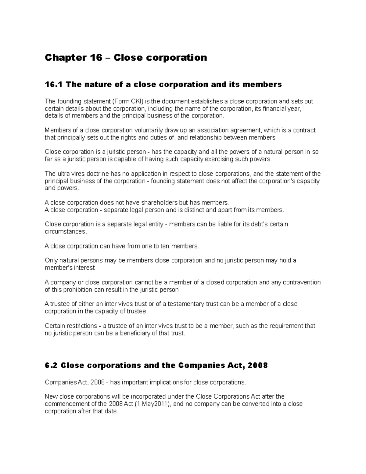 Chapter 16 Notes: Summary of Close Corporations and Their Members - Studocu
