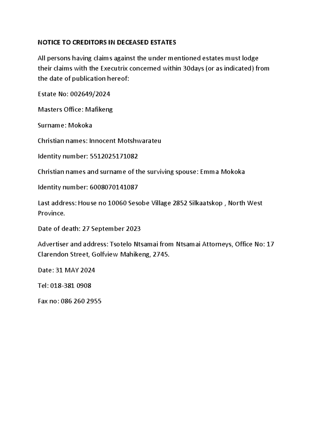 Advertisement Notice to Creditors for Estate No: 002649 Mokoka - Studocu