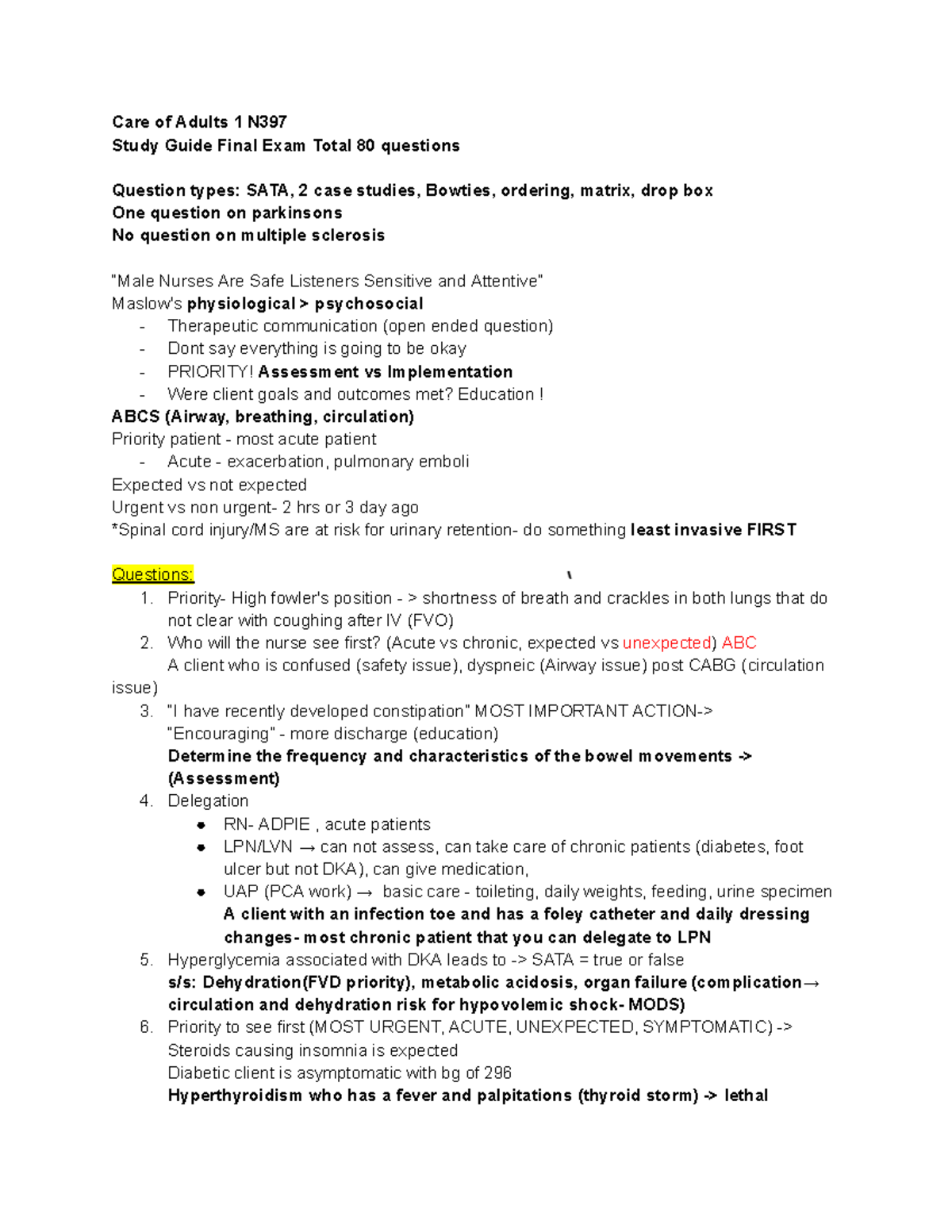 Med Surg N397 Final Exam Study Guide: Key Concepts & Priorities - Studocu