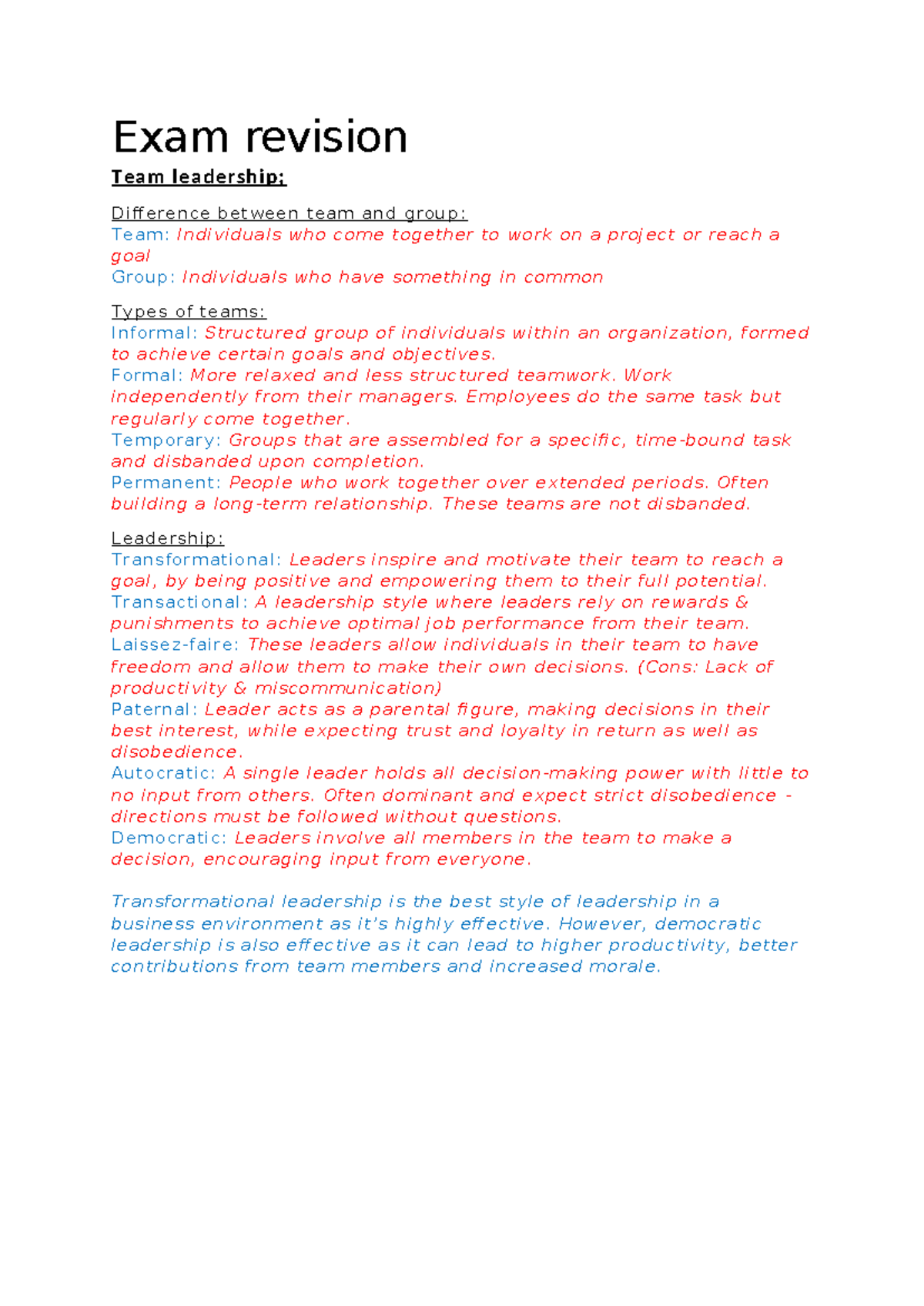 Exam Revision: Team vs Group Dynamics and Leadership Styles - Studocu