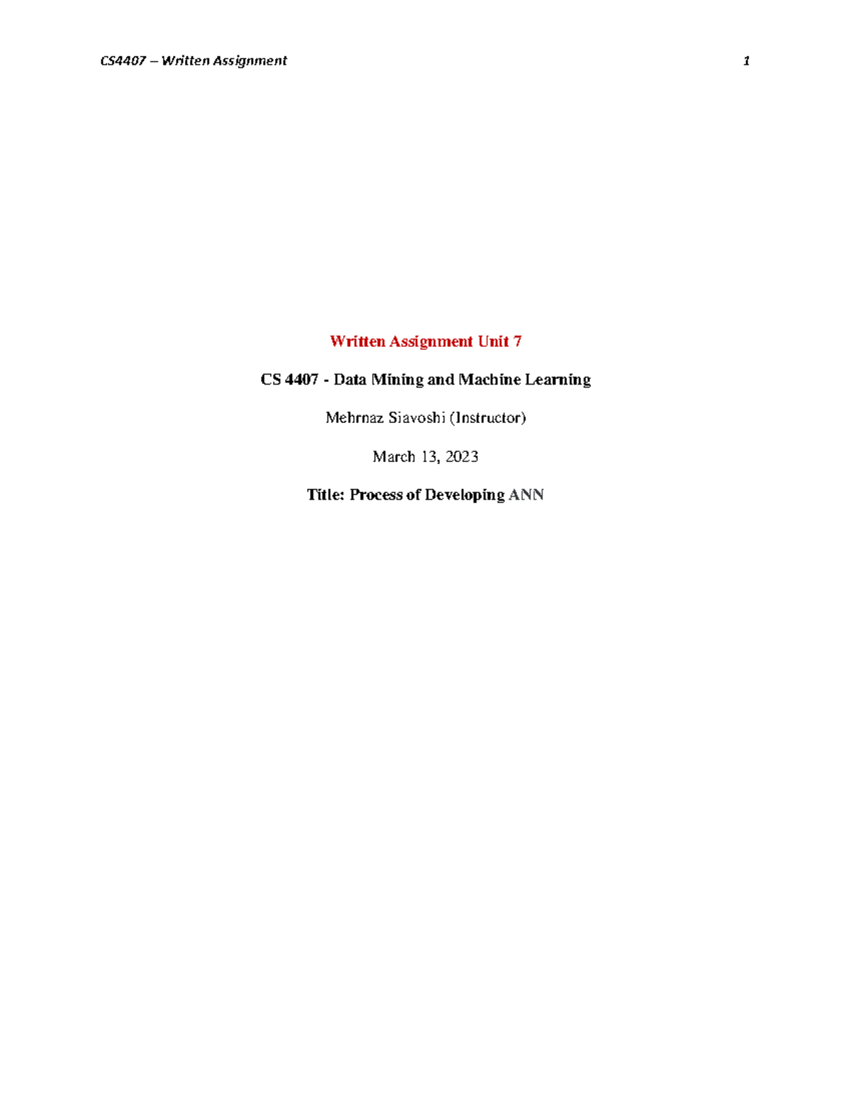 CS4407 Programming Assignment 7: Developing ANN Process Report - Studocu