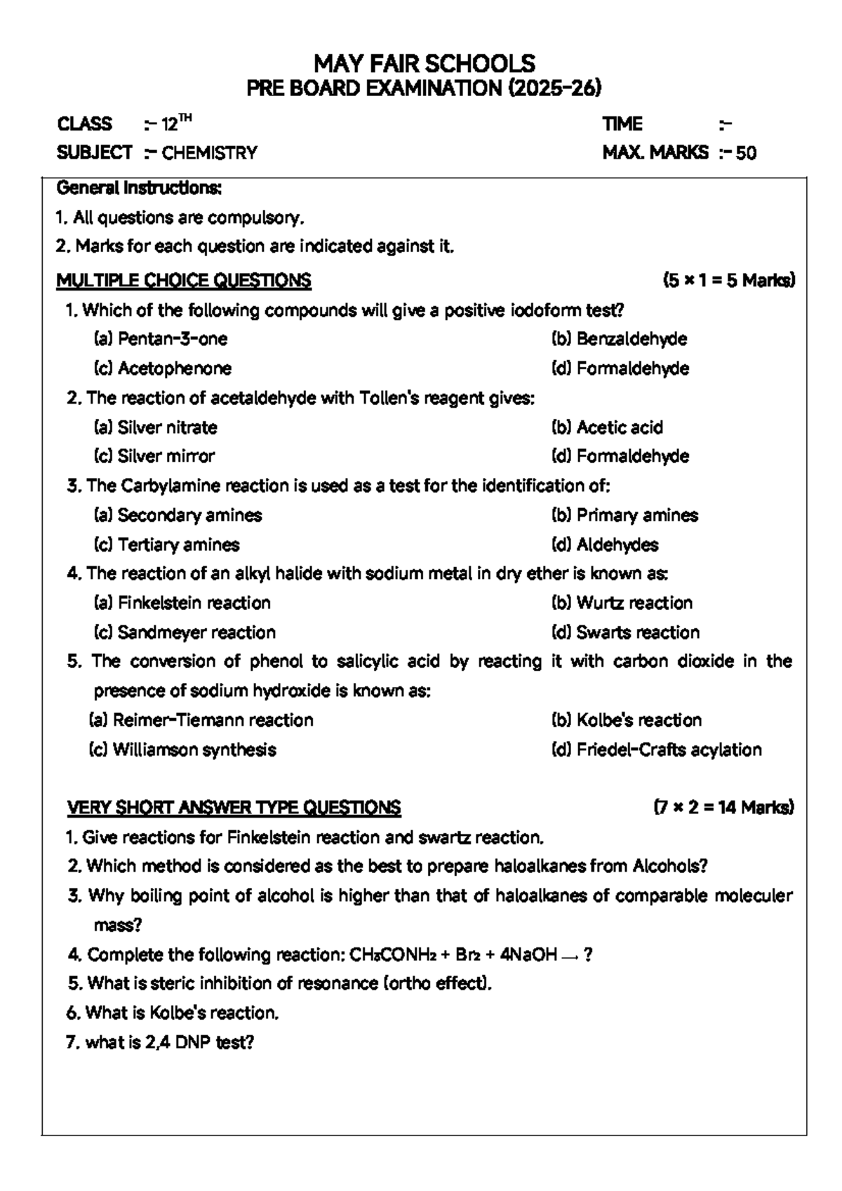 Class 12th Chemistry Pre-Board Exam Practice Material - Studocu
