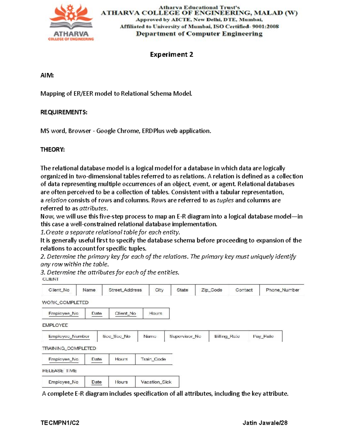 DBMS Exp 2 - Mapping of ER/EER Model to relational schema - Experiment ...