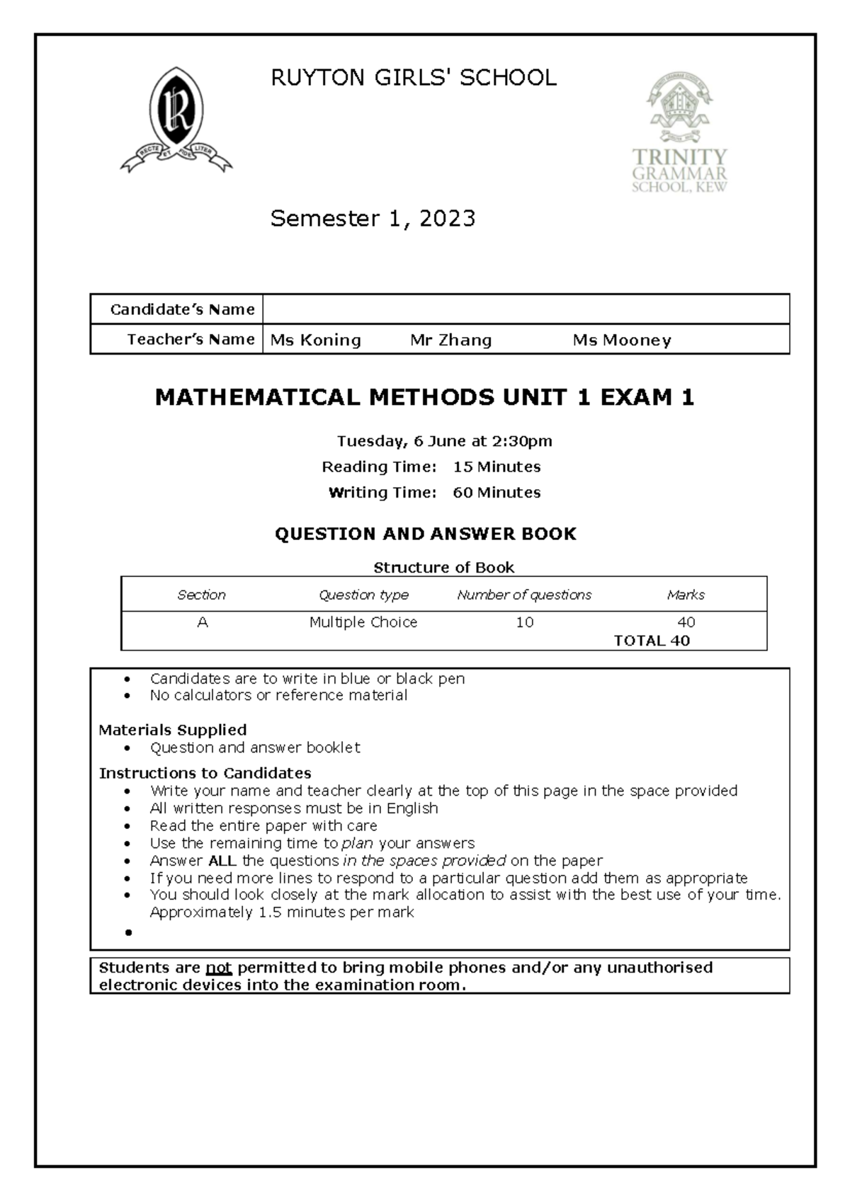 S123 11 Mathematical Methods Unit 1 Exam 1 - Semester 1, 2023 - Studocu