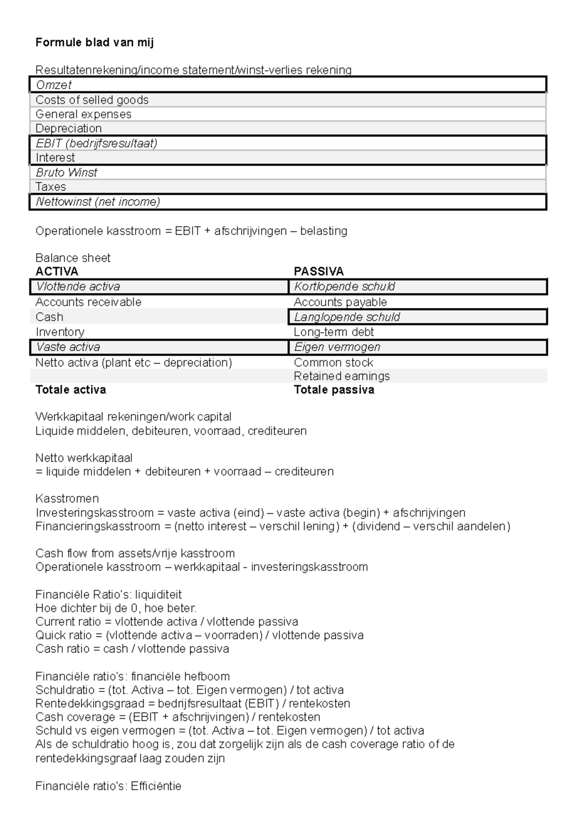 Formuleblad voor Resultaten- en Balansrekening (Fin. Stat.) - Studeersnel