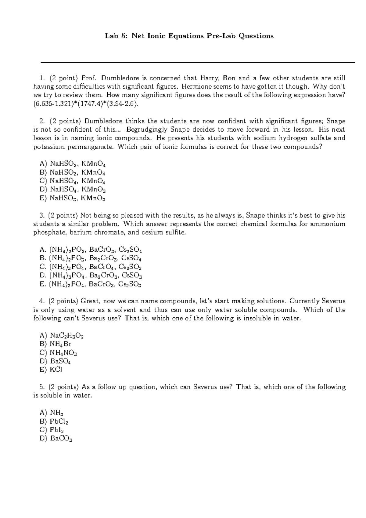 Lab 5: Pre-Lab Worksheet on Net Ionic Equations and Compounds - Studocu