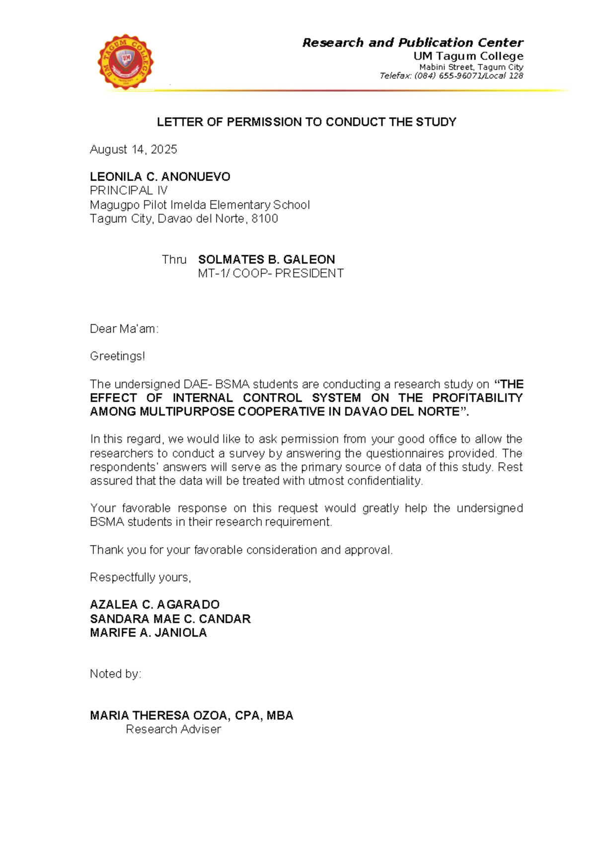 Permission Letter for Research Study on Internal Control System - BSMA ...