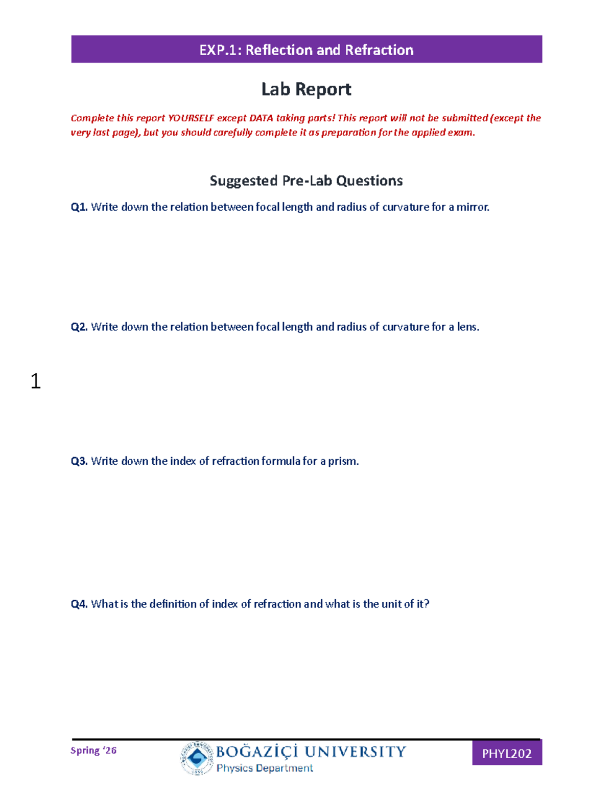 PHYL202: Reflection and Refraction Lab Report for Spring - Studocu