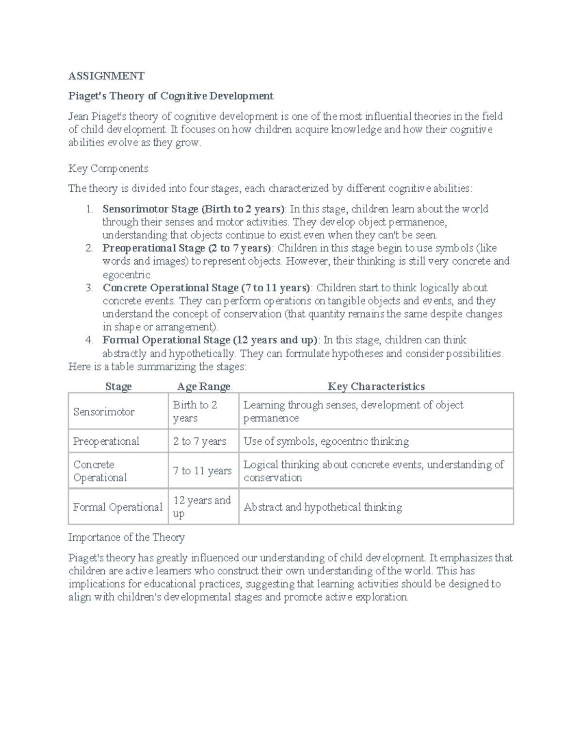 ASSIGNMENT: Theory of Cognitive Development in Child Development - Studocu