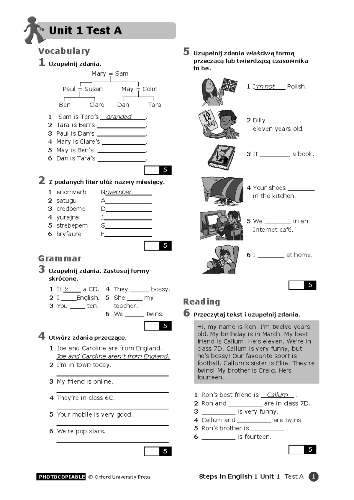 Steps in English 1 Unit 1 Test A Vocabulary & Grammar Exercises - Studocu