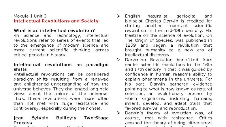 STS 101: Module 1 Unit 3 - Intellectual Revolutions and Society - Studocu